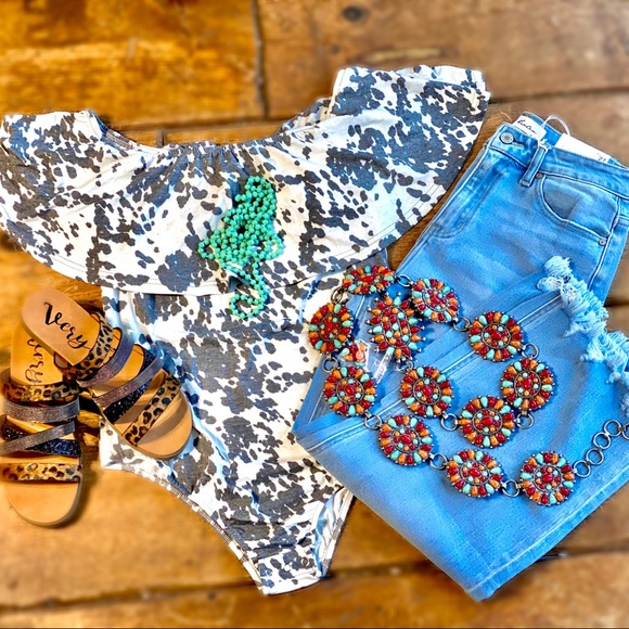 L&B | Tops | Off Shoulder Cow Print Body Suit | Poshmark